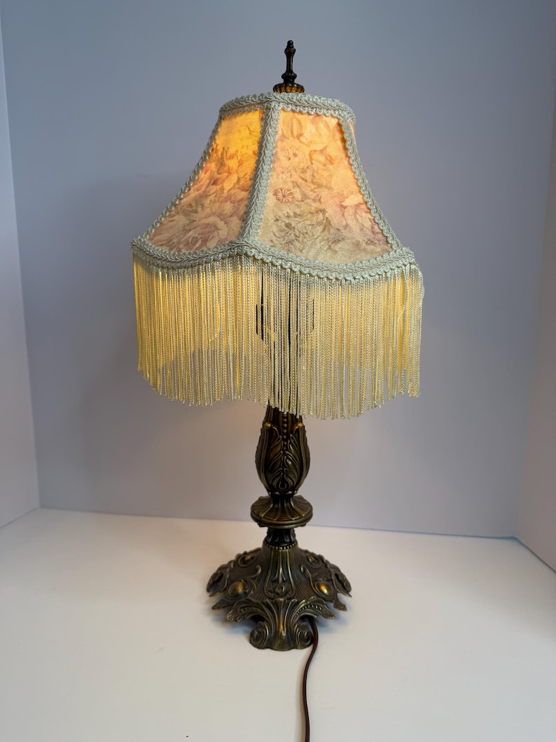 Vintage Fabric and Fringe Floral Decorated Table Lamp With Detailed ...