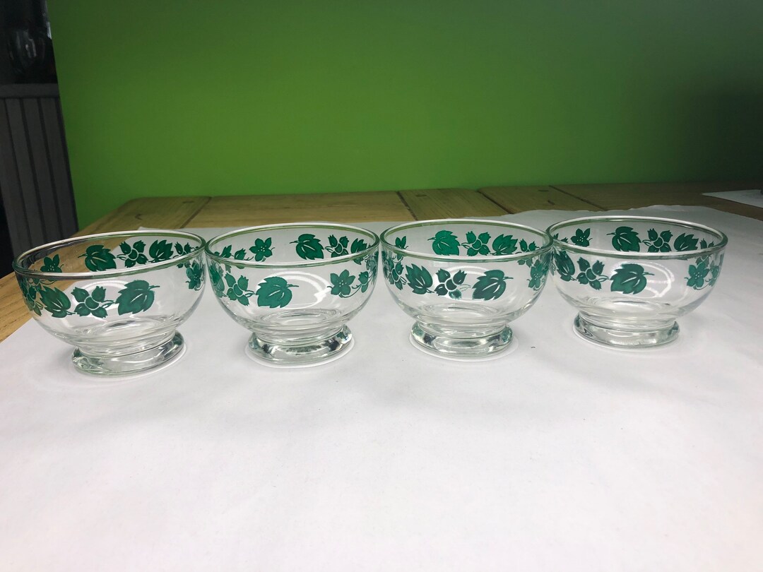 Vintage Heavy Clear Glass Sherbert Dessert Bowls With Green Southern ...