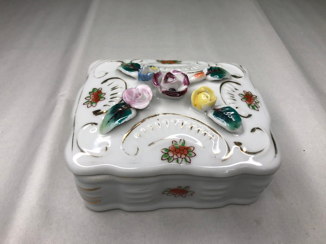 Vintage Fine Porcelain Trinket Box With Gorgeous Hand Painted Flower ...