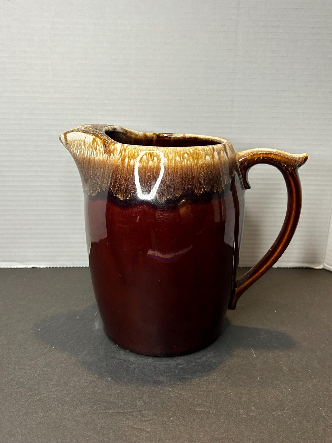 Vintage Large 8" Ceramic Brown Beige Drip Glazed Pitcher With Pour ...
