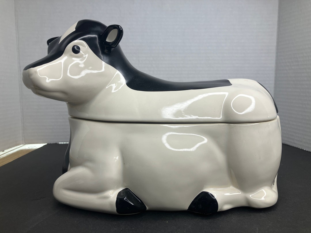 Vintage Black and White Ceramic Cow Cookie Jar Down on the Farm - Etsy