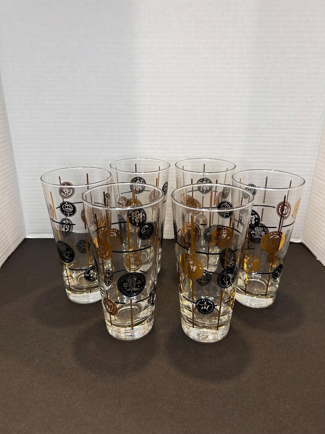 Vintage Set of 6 Libbey Old World Gold Coins Highball Drinking Glasses ...