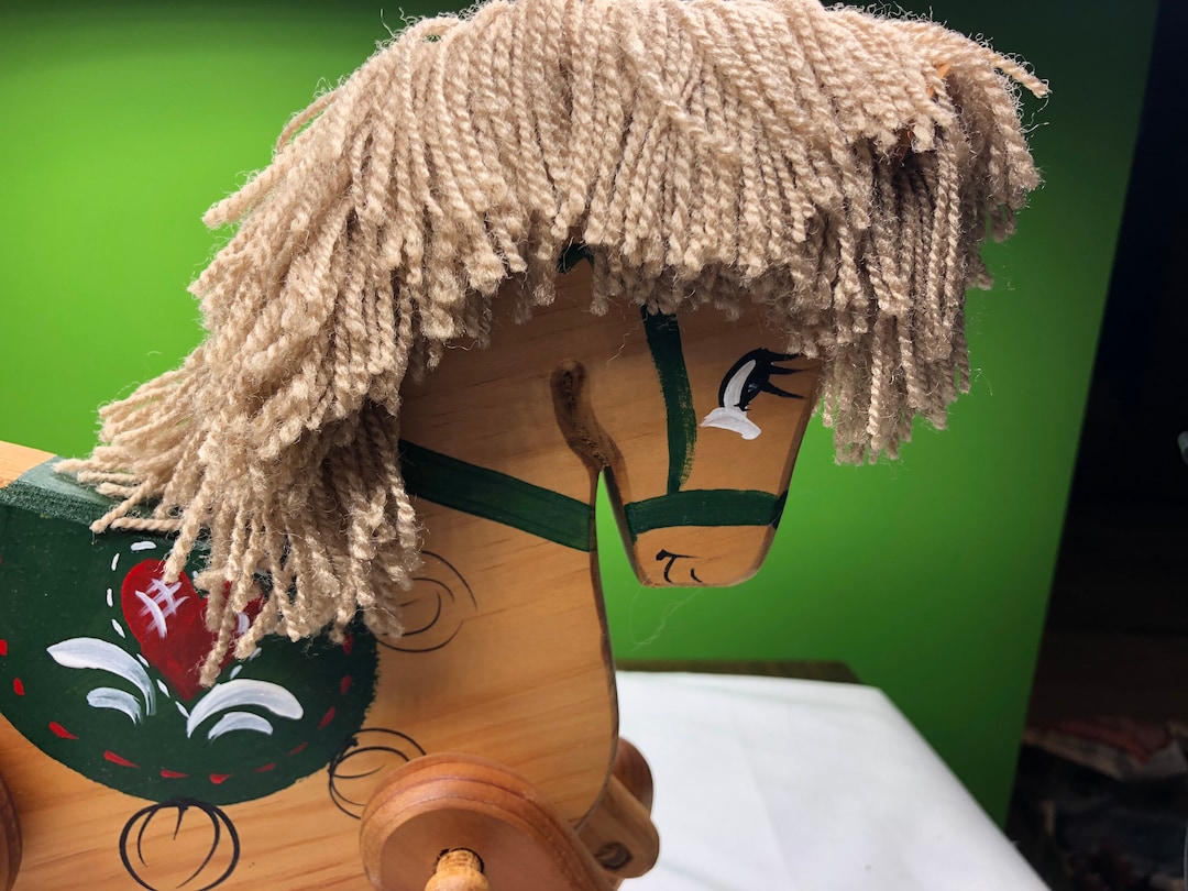 Vintage Wooden Rolling Horse With Moveable Joints Wheels and Yarn Hair ...