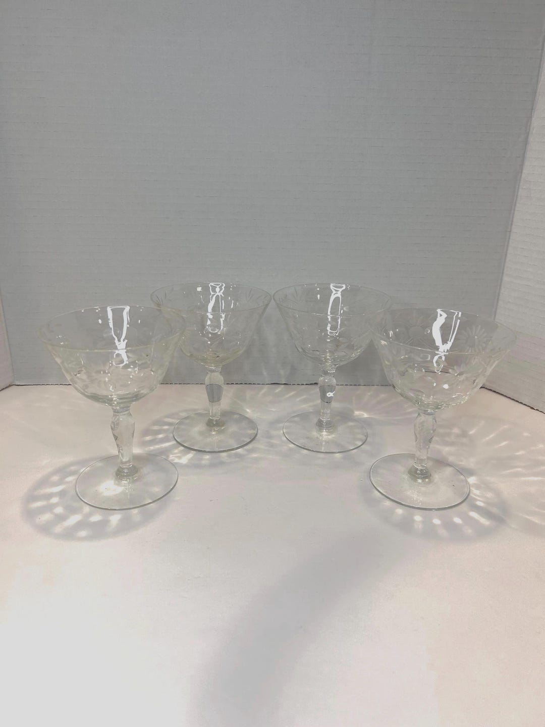 Vintage Set of 4 Short Etched Leaf & Floral Stemware 5" Tall by 3.75 ...