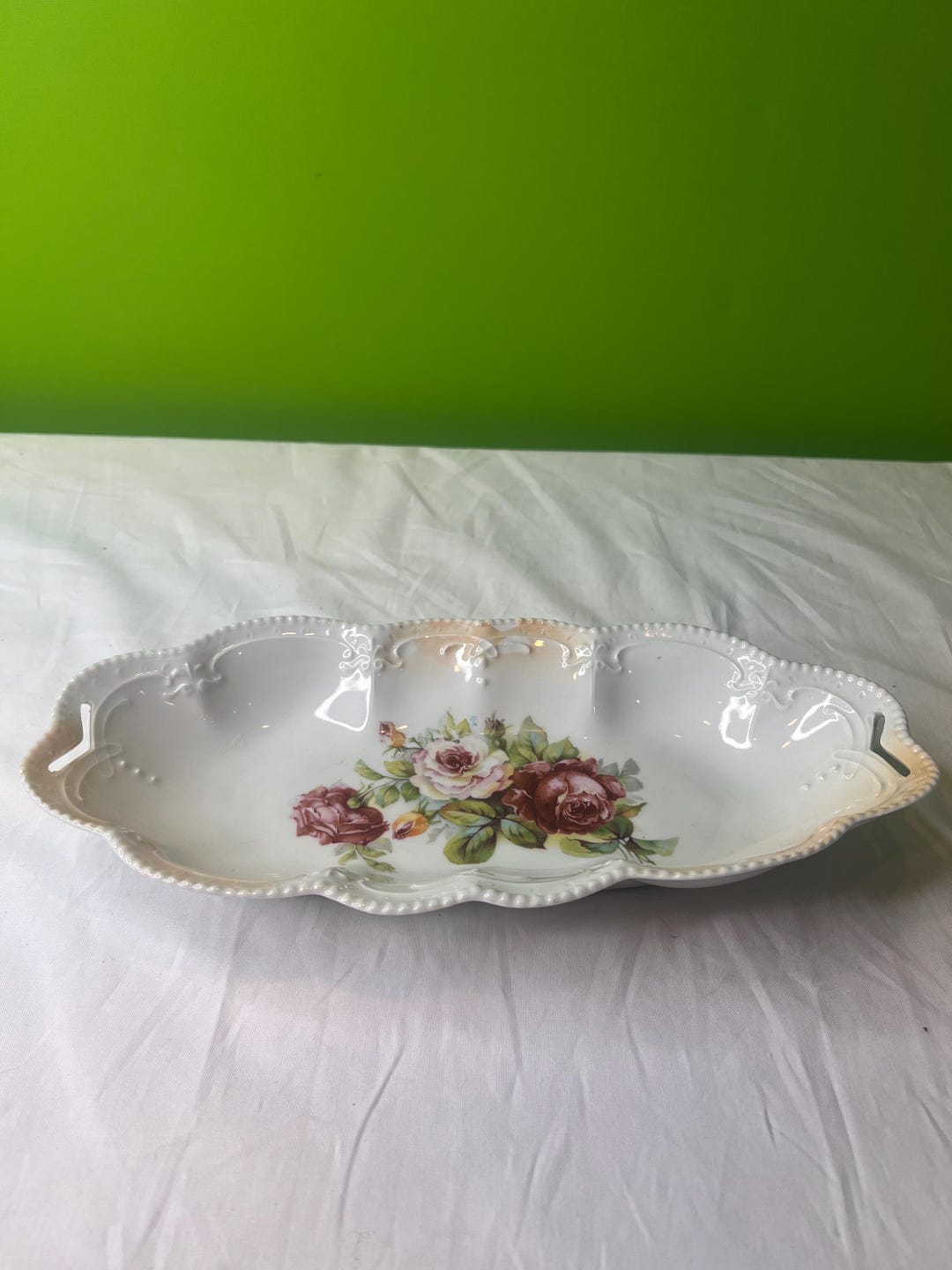 Vintage Germany Pink and Red Roses Scalloped Oval Porcelain Celery ...