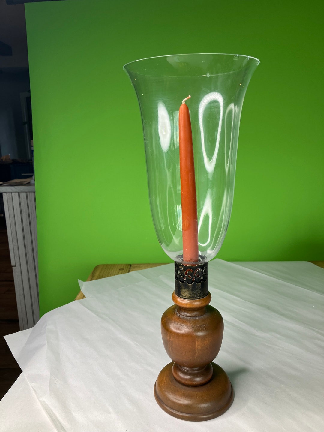 Vintage Candle Hurricane Style Lamp Amazing Wood Base Glass Shade and ...