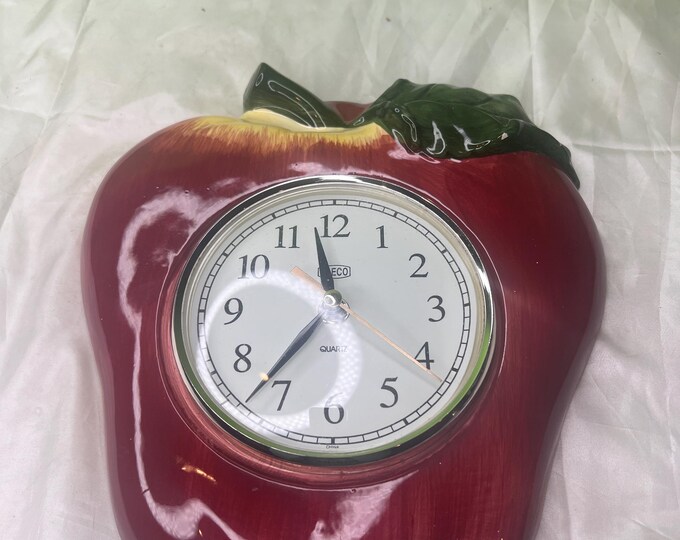 Vintage Eleco Red Apple Ceramic Wall Clock Battery Operated Quartz 11 ...