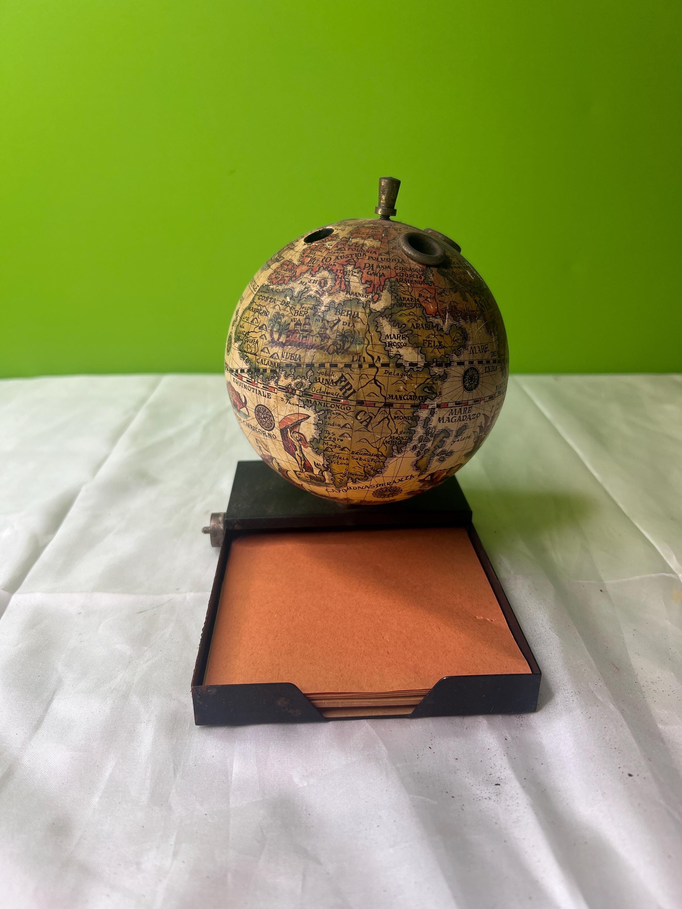 Vintage Old World Globe Pen Pencil Holder Note Pad Metal Tray Desk ...