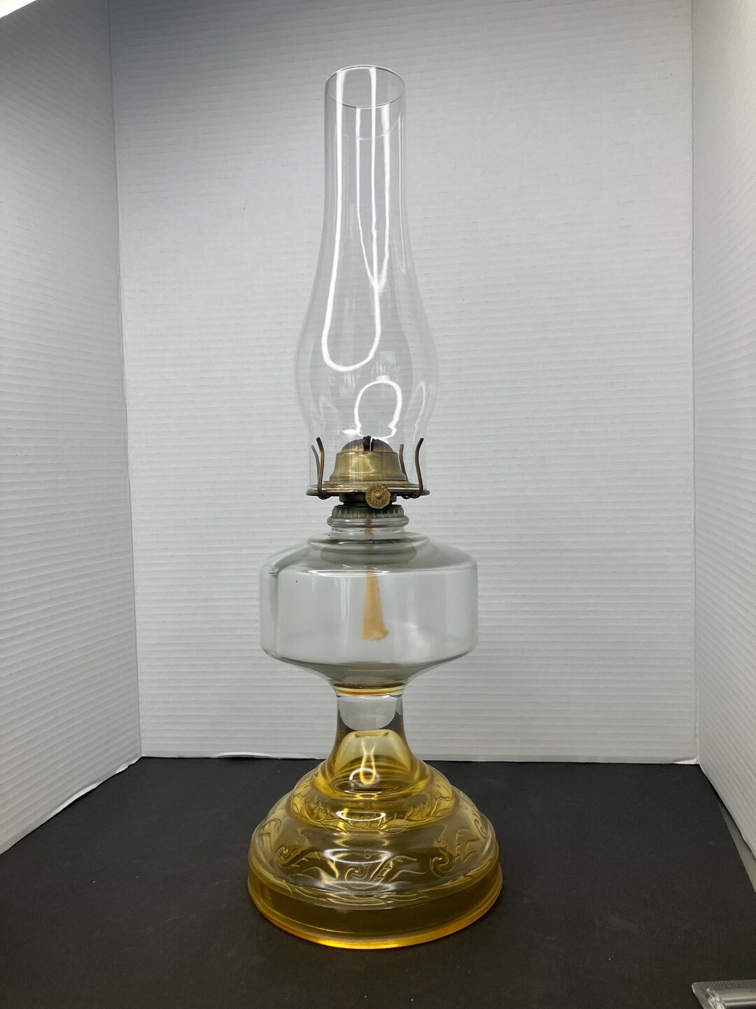 Vintage Large Clear and Yellow Glass Oil Lamp With Burner and Tall ...