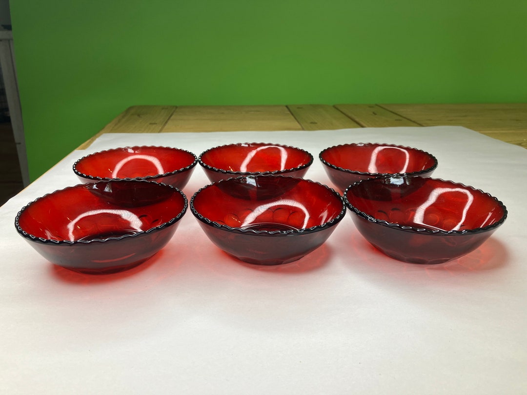 Vintage Anchor Hocking Ruby Red Glass Sawtooth Edge Thumbprint Bar Set ...