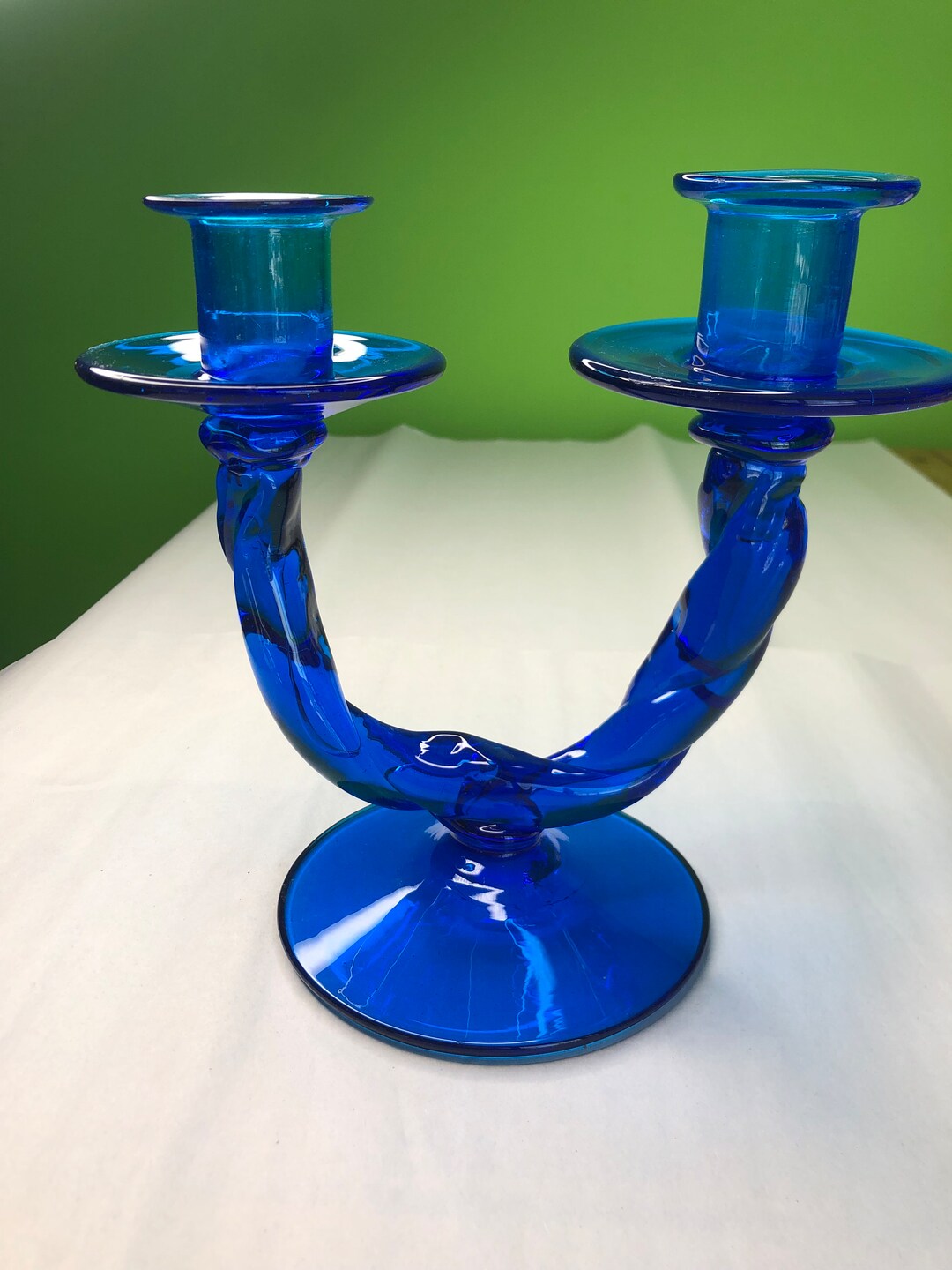 Vintage Hand Blown Laser Blue Glass Dual Candle Holder With a Twisted ...