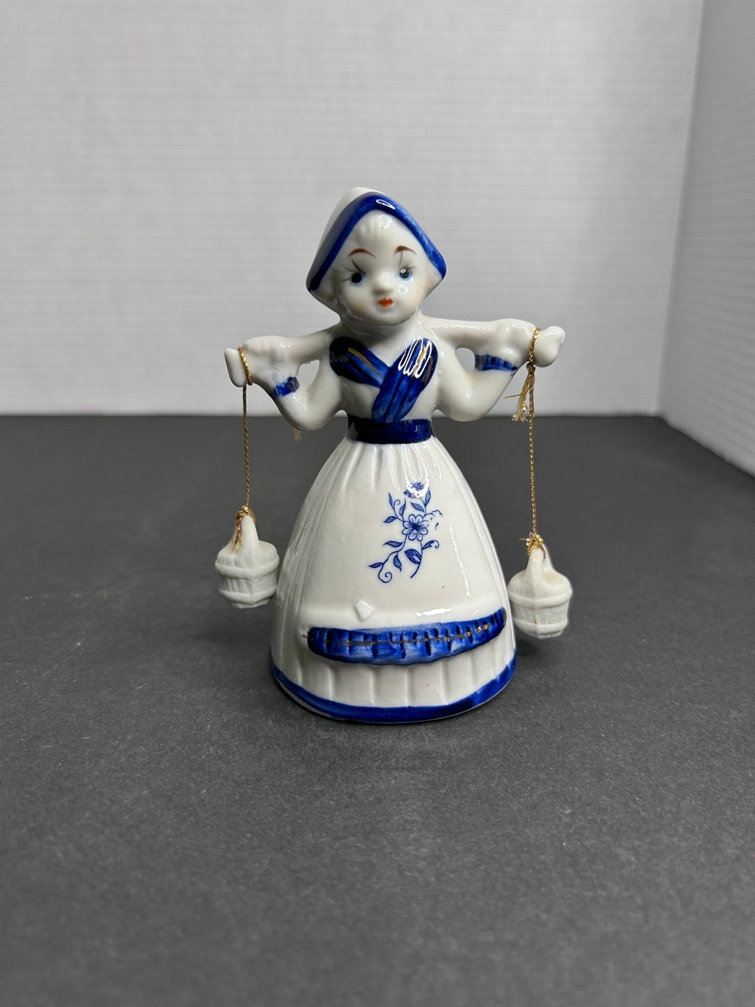 Vintage Ceramic Delft Blue/white Dutch Milkmaid Bell With Bucket Charms ...