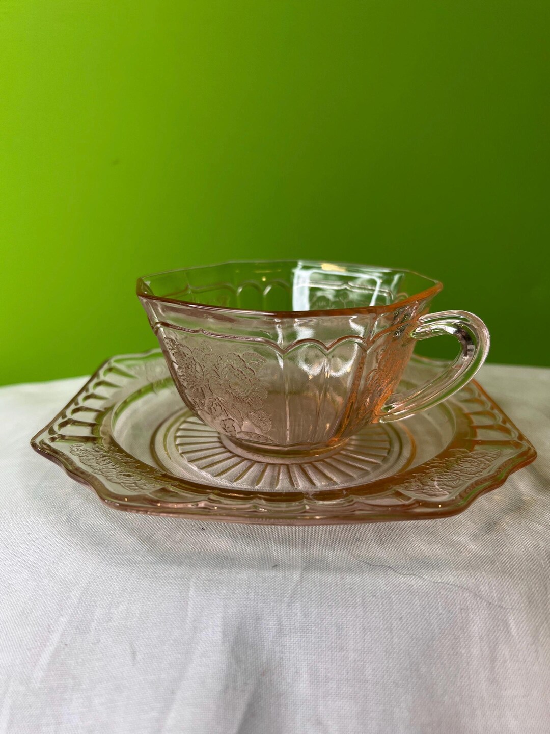 Vintage Pink Depression Glass Tea Cup and Saucer Set ~ Mayfair Pattern ...