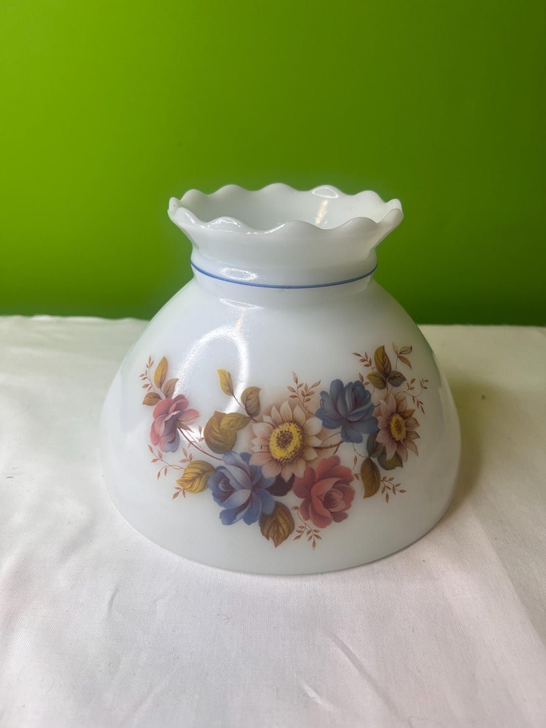 Vintage Frosted Floral Hurricane Milk Glass Lamp Shade With Ruffled ...