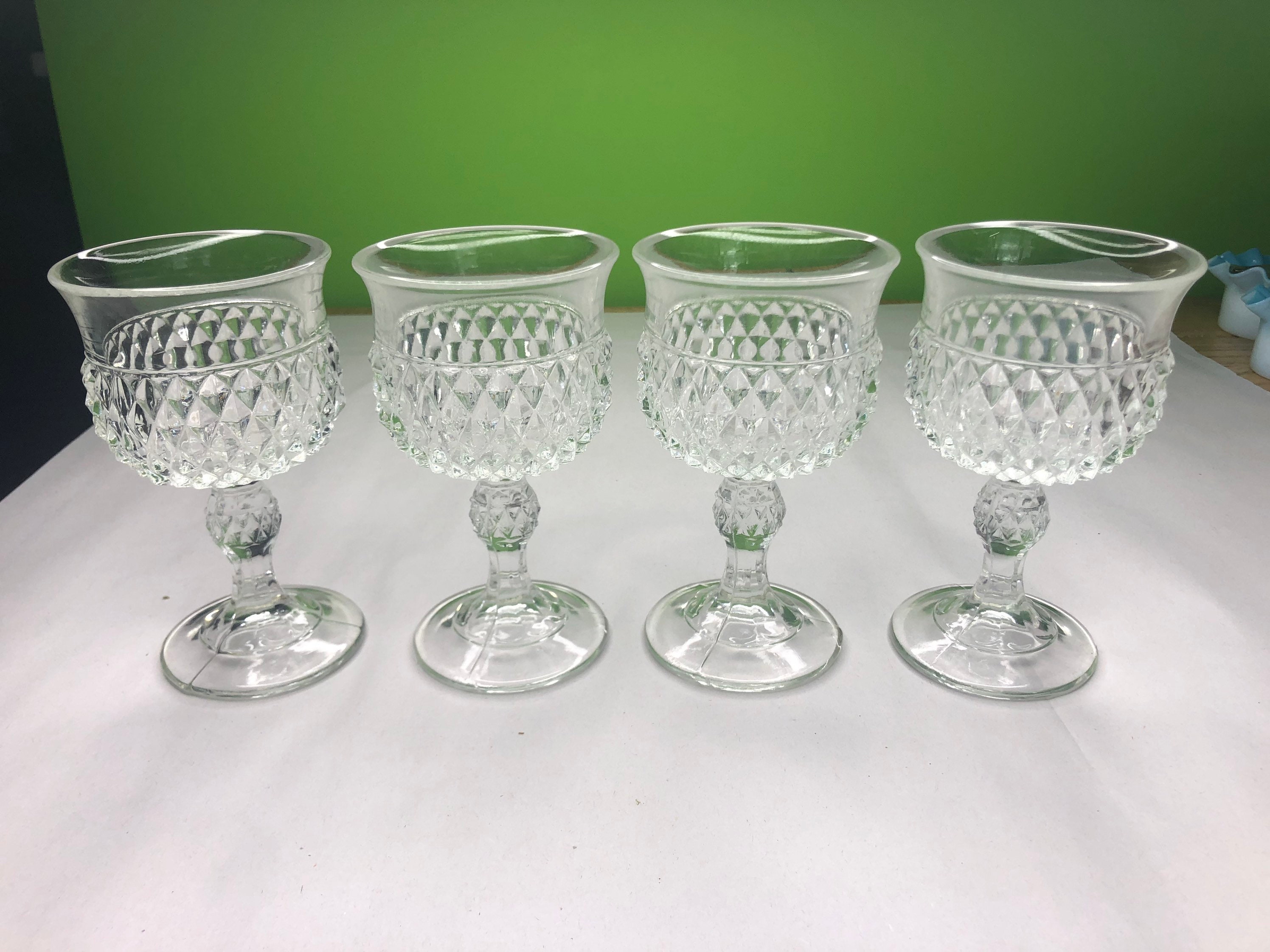 Vintage Indiana Glass Co Diamond Cut Glass Wine Glass Set of 4 With ...