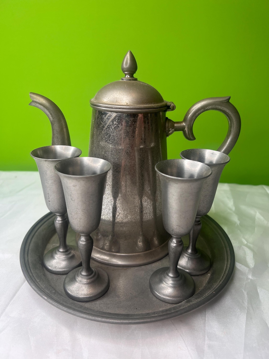 Vintage Preisner Pewter Drink Set ~ Coffee/tea Pot With 4 Stemmed ...