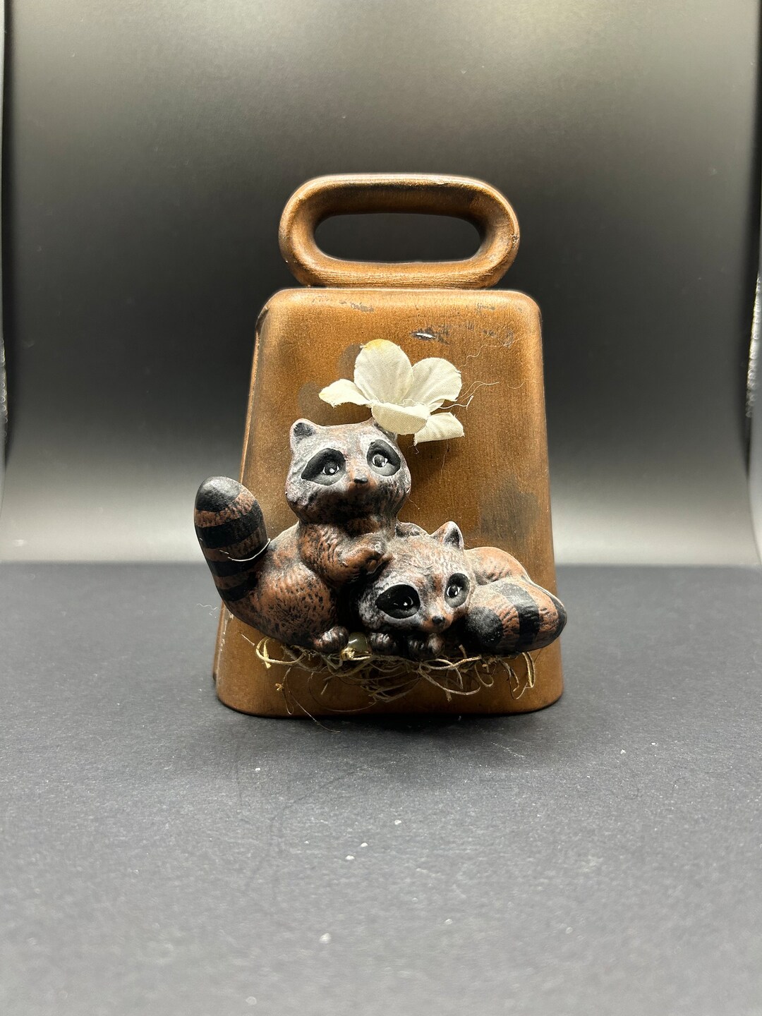 Vintage Handmade Adorable Cuddling Raccoons in Nest Cowbell Shaped Bell ...