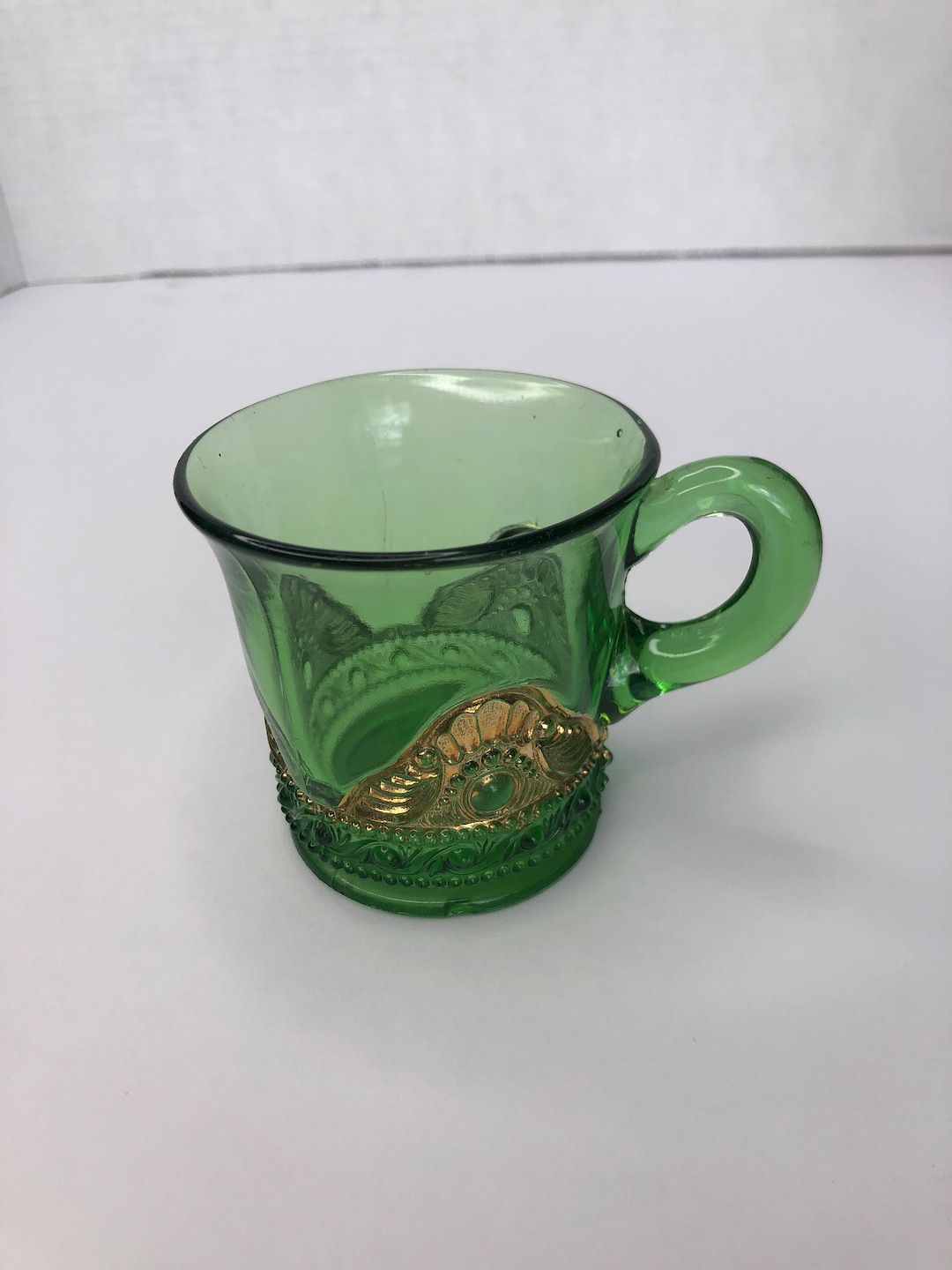 1 Antique 1908 Pressed Green Glass Handled Tea Cup W/ Gold Trim. EAPG ...