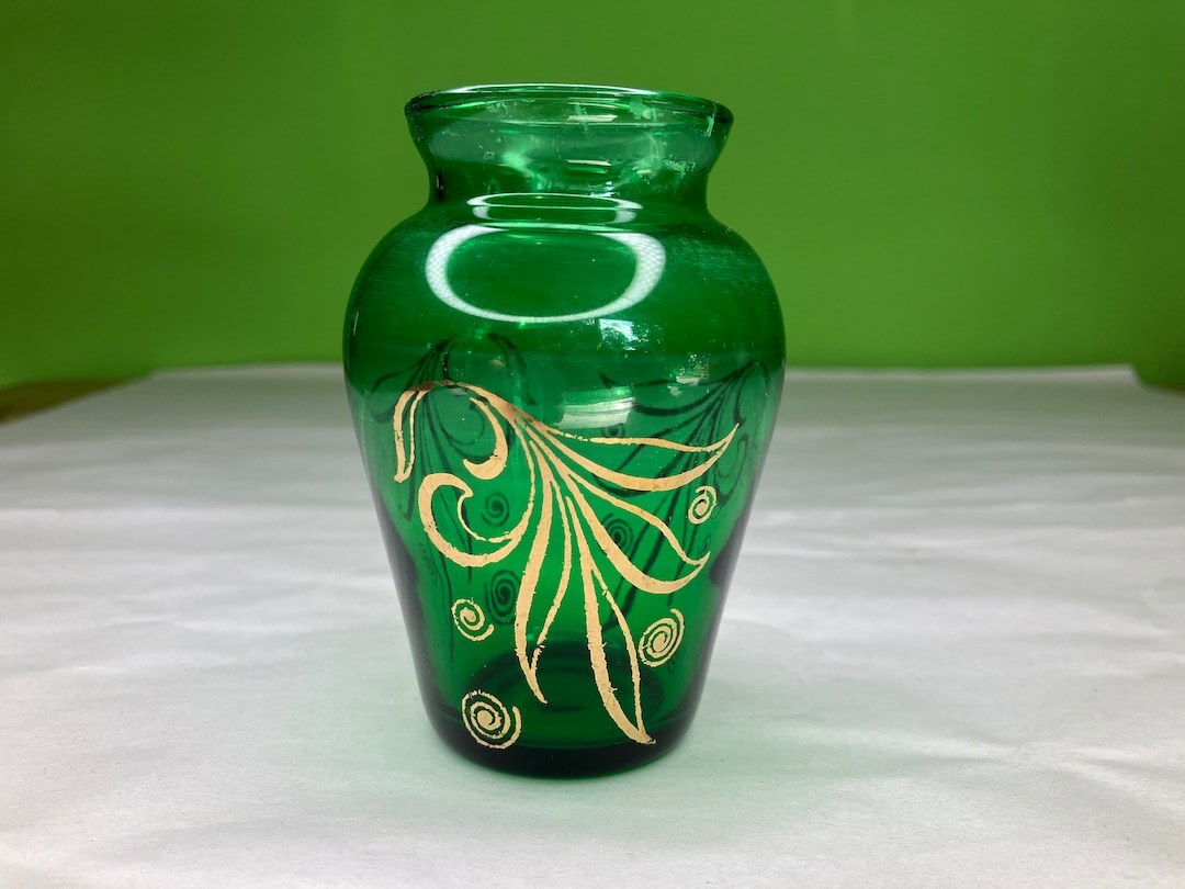 Vintage Emerald Green Small Glass Vase With Gold Leaf Pattern - Etsy