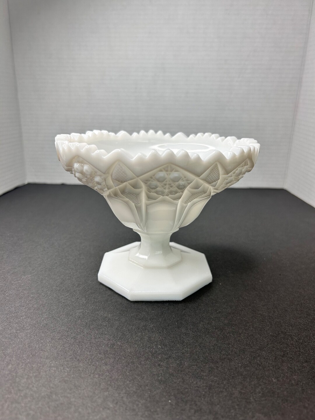 Vintage Milk Glass Footed Bowl Sawtooth Edge Toltec Pattern Pedestal ...