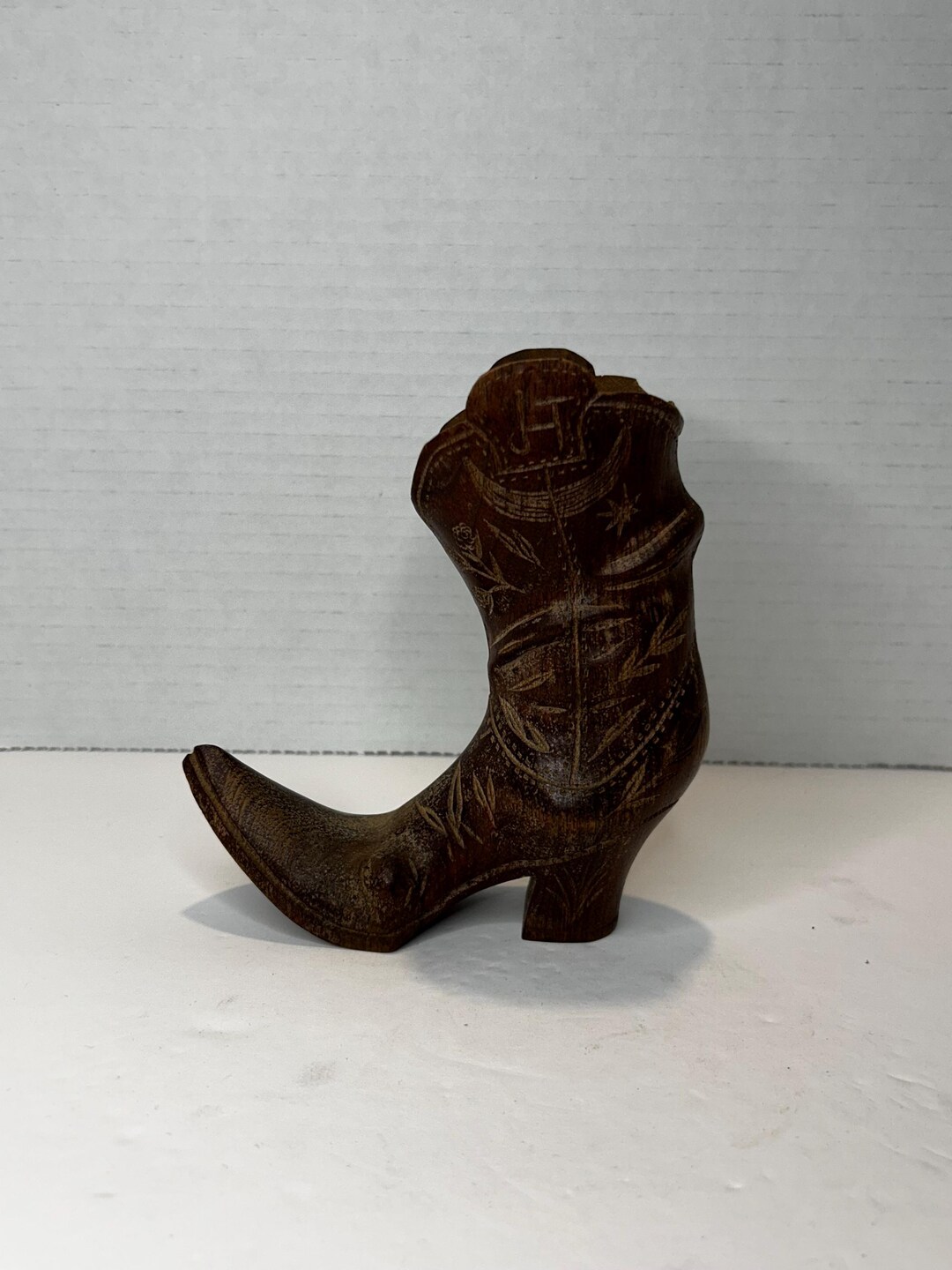 Vintage Wooden Hand Carved Dark Brown Wood Cartoonish Cowboy Boot Decor ...