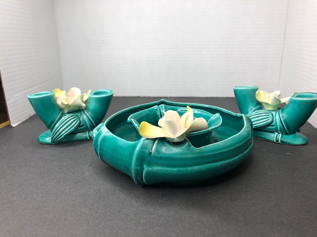 Enesco Lotus Jade 2 Piece Pottery Candleholder Set With Applied Flowers ...