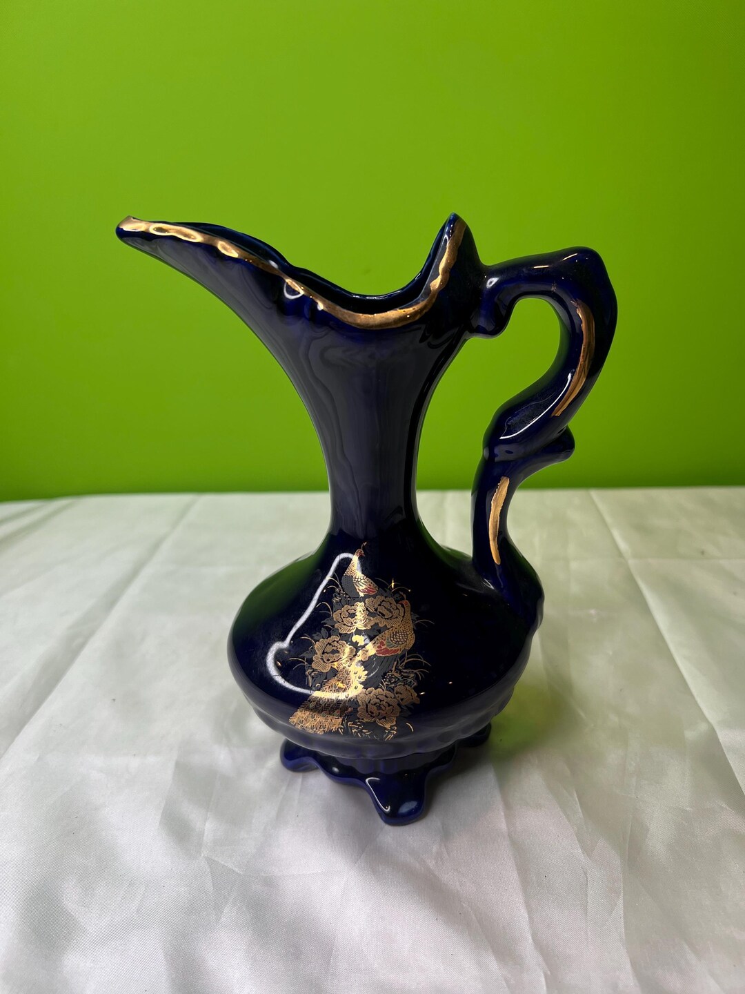 Vintage Peacock Pitcher Cobalt Blue & Gold Vase Pitcher Ceramic Gold ...
