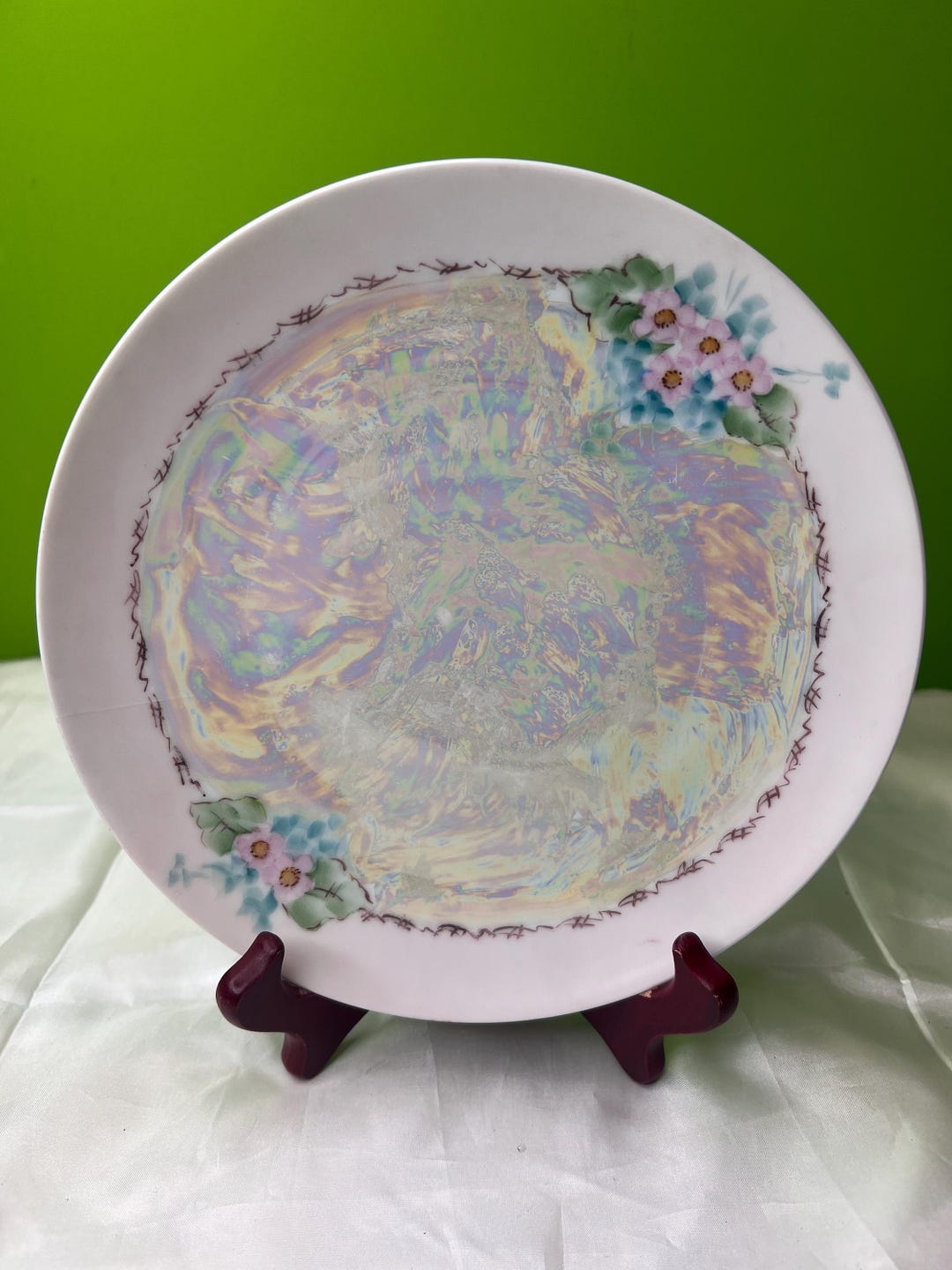 Vintage Pink Iridescent Lusterware Plate With Hand Painted Floral ...