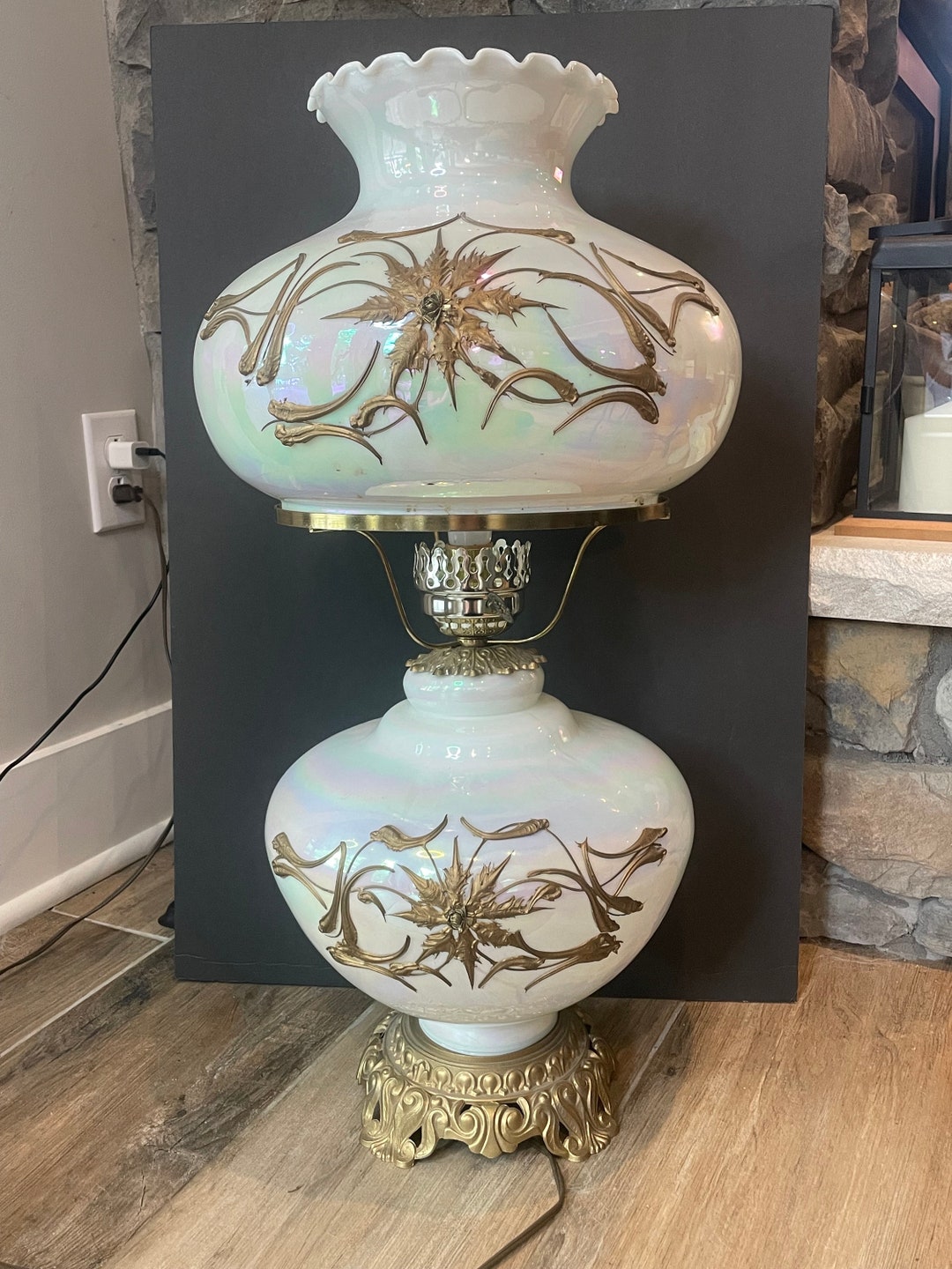 Vintage GWTW Style Large Iridescent Milk Glass Hurricane Lamp With ...