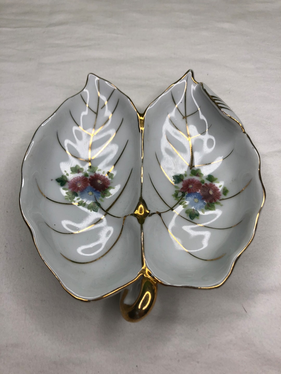 Vintage Fine Porcelain Double Leaf Trinkets Dish With Gorgeous Floral ...