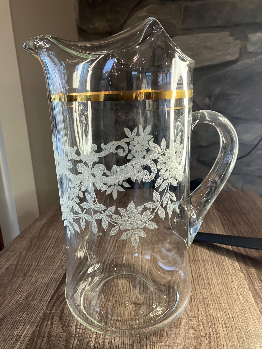 Vintage Glass Attached Handle Pitcher With Pinched Mouth Gold Accent ...