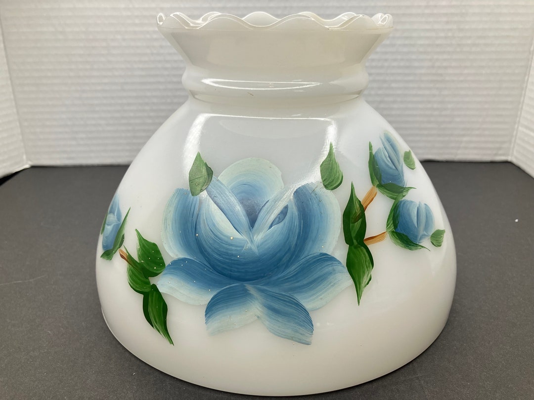 Milk Glass Lamp Shade Hand Painted Blue Flowers 7 & 7/8" Fitter Across ...
