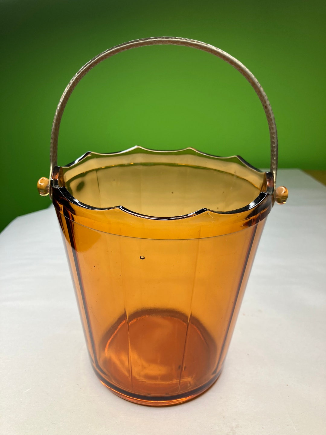 Vintage Cambridge Amber Glass Ice Bucket With Gorgeous Copper Handle ...