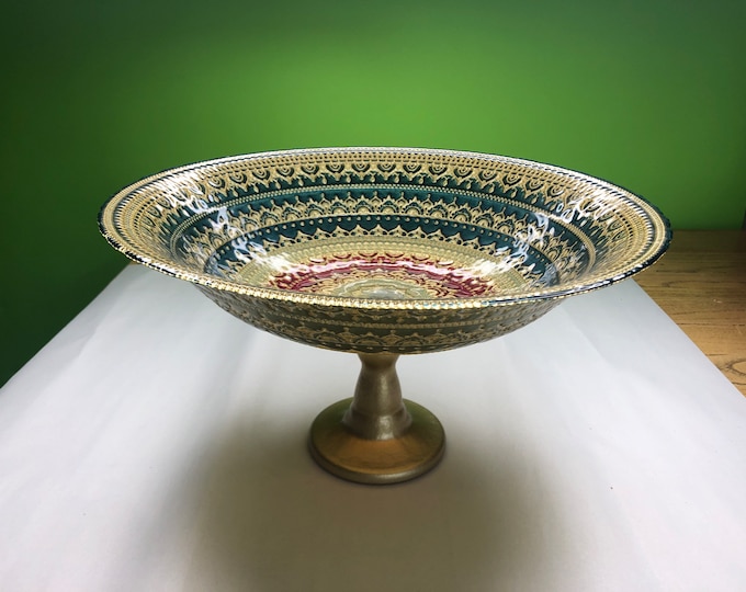 Vintage Turkish Painted Glass Compote Pedestal Centerpiece Bowl With ...