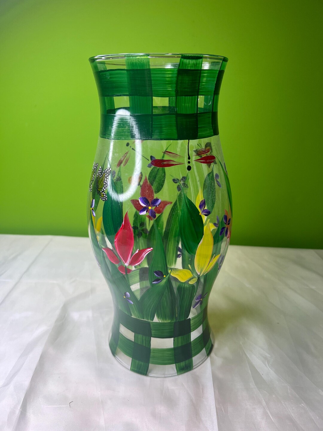 Vintage Hand Painted Floral and Insect Designed Large Hurricane Lamp ...
