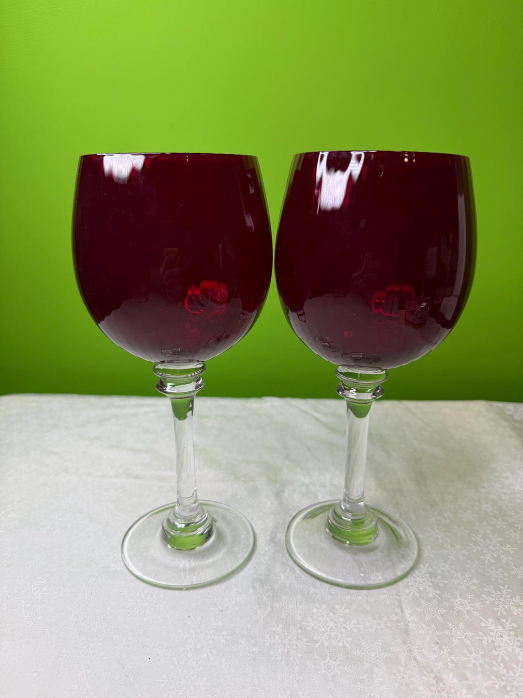 Vintage Set of 2 Ruby Red Clear Stem Wine Glass Extra Large Goblets ...