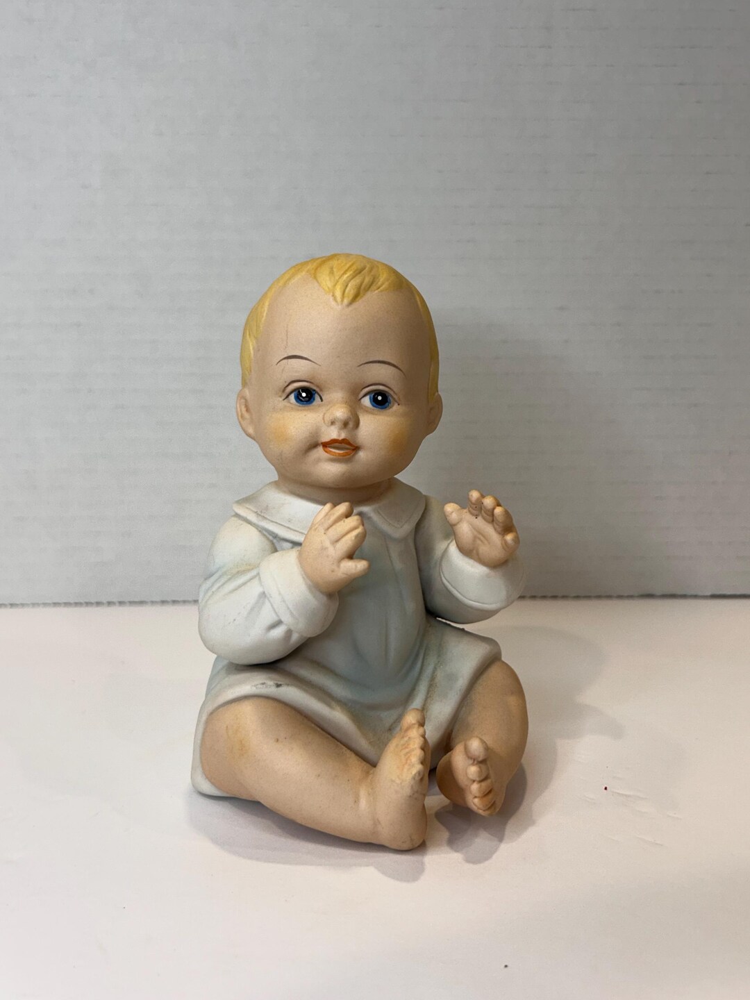 Vintage Piano Bisque Porcelain Happy Clapping Baby Sitting in Blue ...