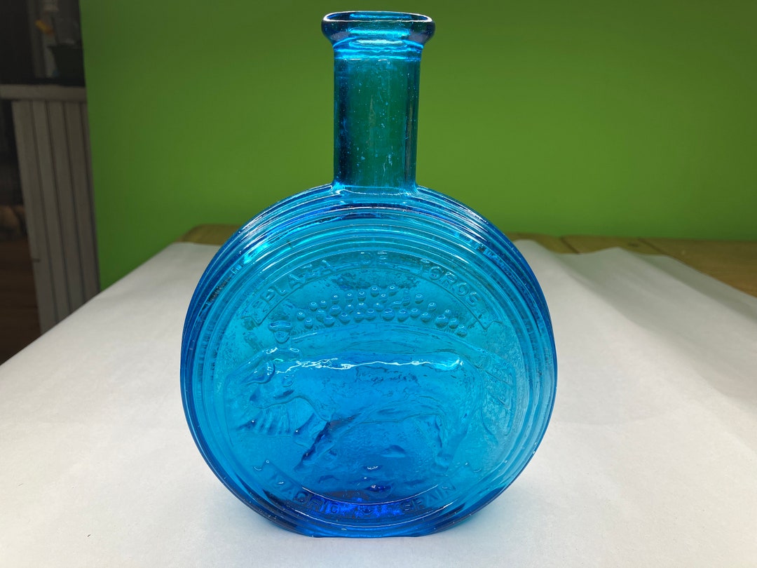 Vintage Plaza De Toro Laser Blue Round Glass Bottle Made in Italy - Etsy