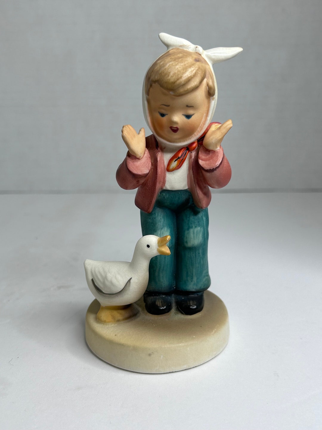 Vintage Japan Farmhouse Girl Clapping With Duck Figurine Signed Hervic ...