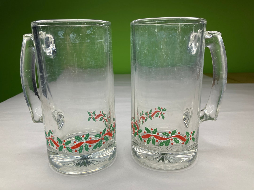 Vintage Christmas Holly Heavy Glass Mugs With Gorgeous Handle and ...