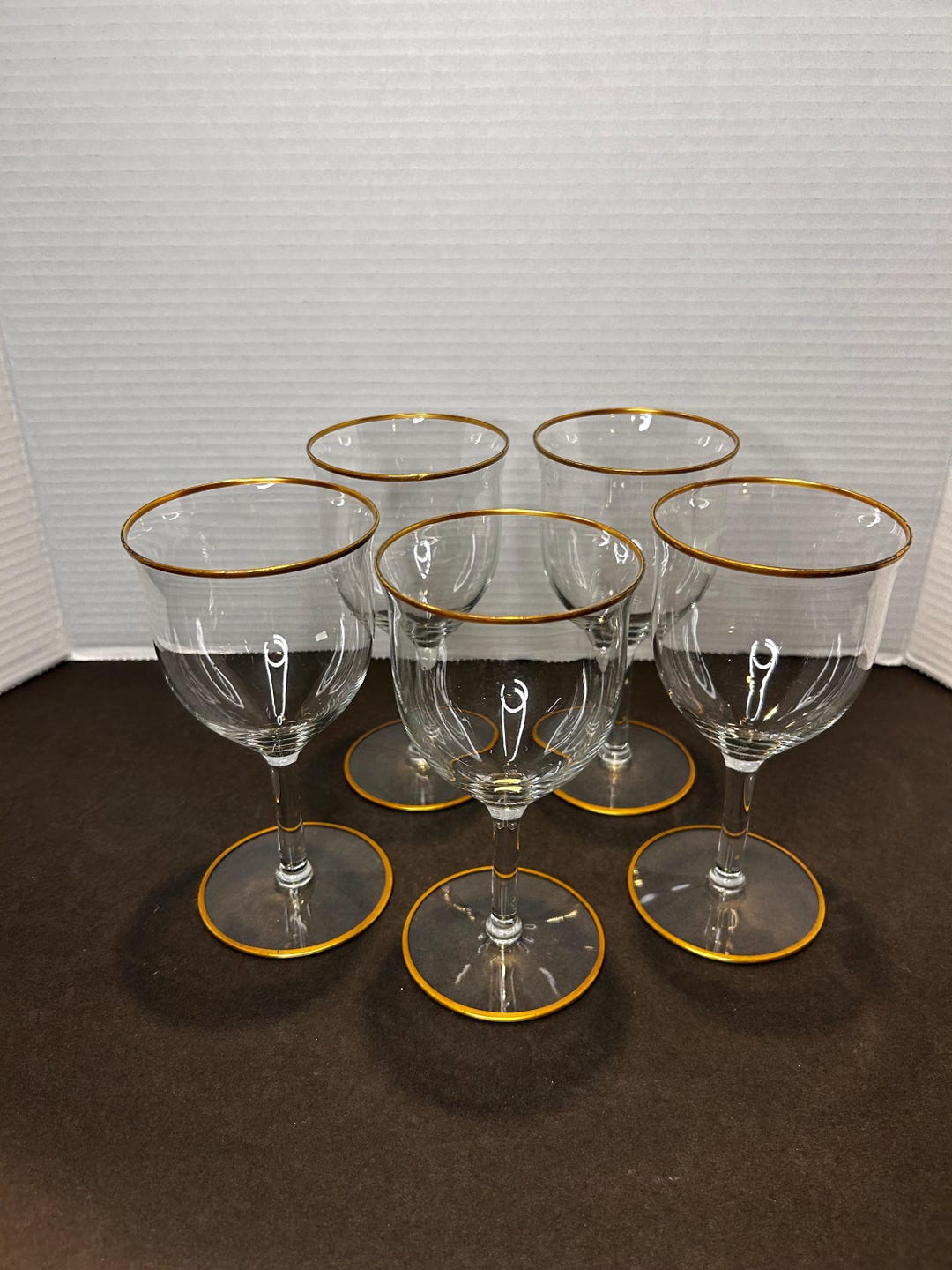 Vintage Set of 5 Gold Rimmed and Footed Stemware Crystal Wine Glasses ...
