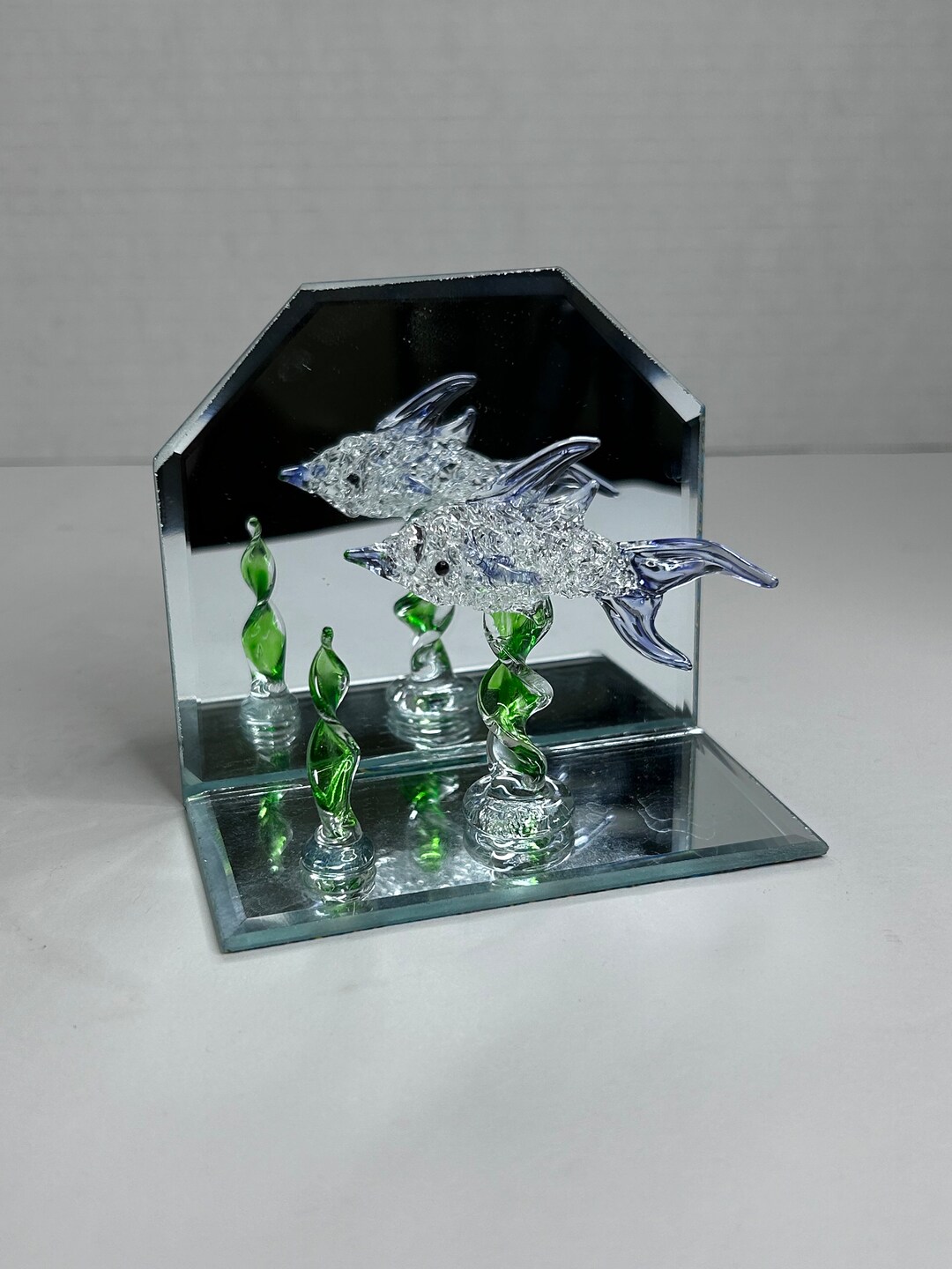 Vintage Spun Glass Blue Fish in Seaweed Mirror Display Figurine - Etsy