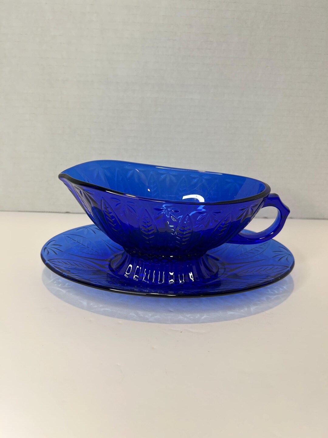 Vintage Cobalt Blue Pressed Glass Gravy Boat and Matching Tray Royal ...