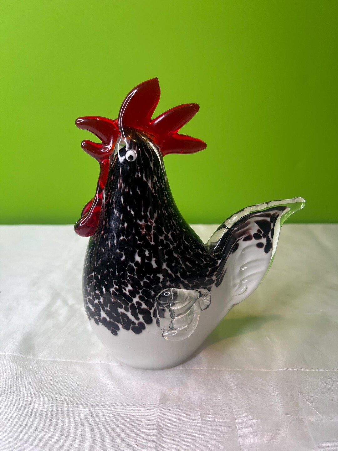 Vintage Solid Black White Red Art Glass Heavy Rooster Bird Figurine ...