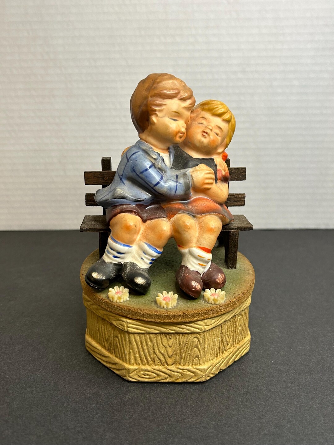 Vintage Porcelain Spinning Music Box Amico Japan Boy and Girl Kissing ...