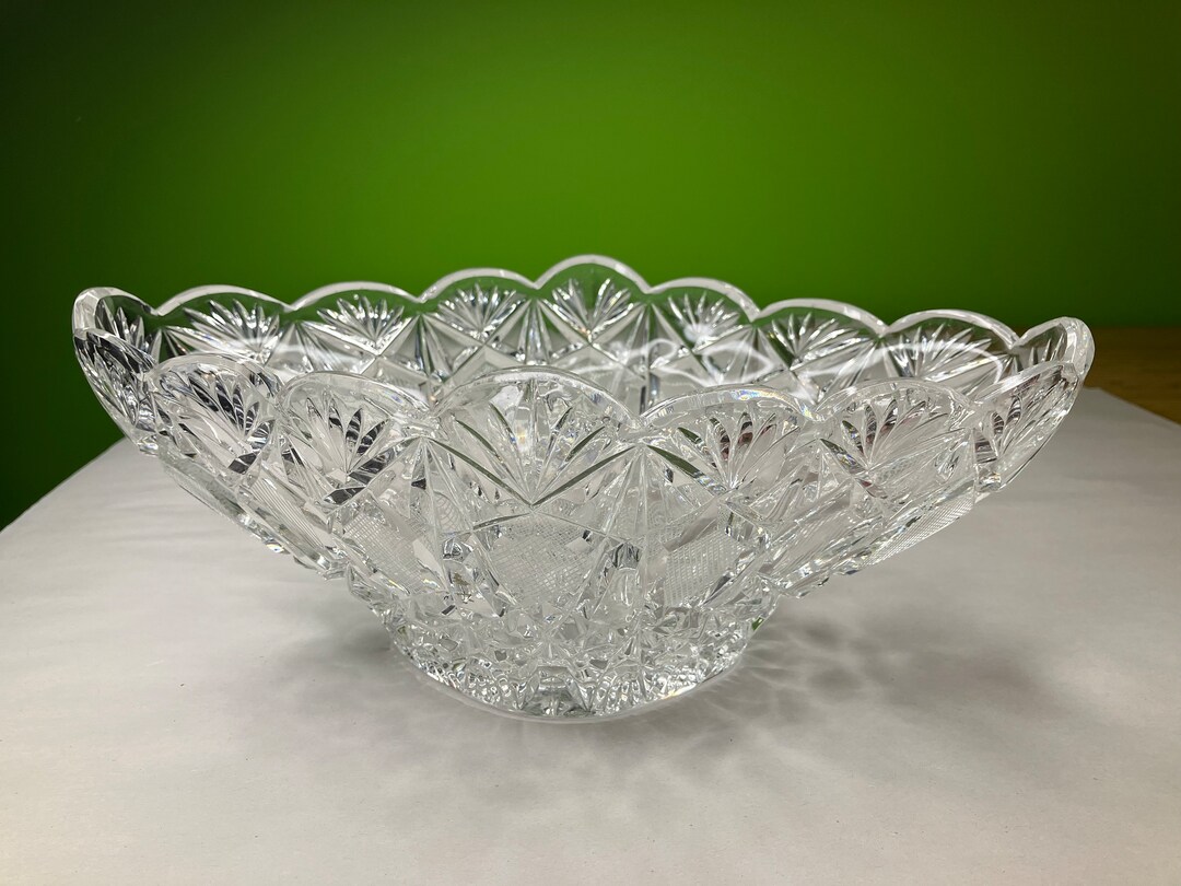 Vintage Heavy Cut Glass Centerpiece Oval Bowl With Gorgeous Cut Design ...