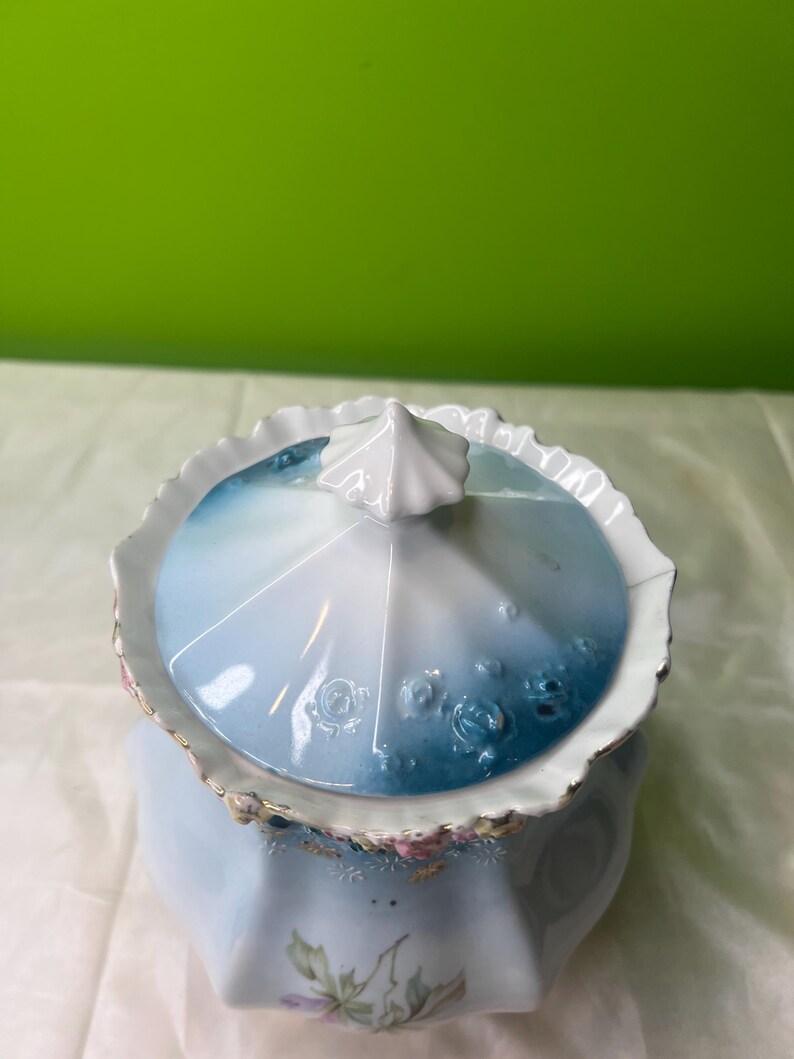 Vintage Blue Floral R.S. Prussia Porcelain Biscuit or Cracker Jar With ...