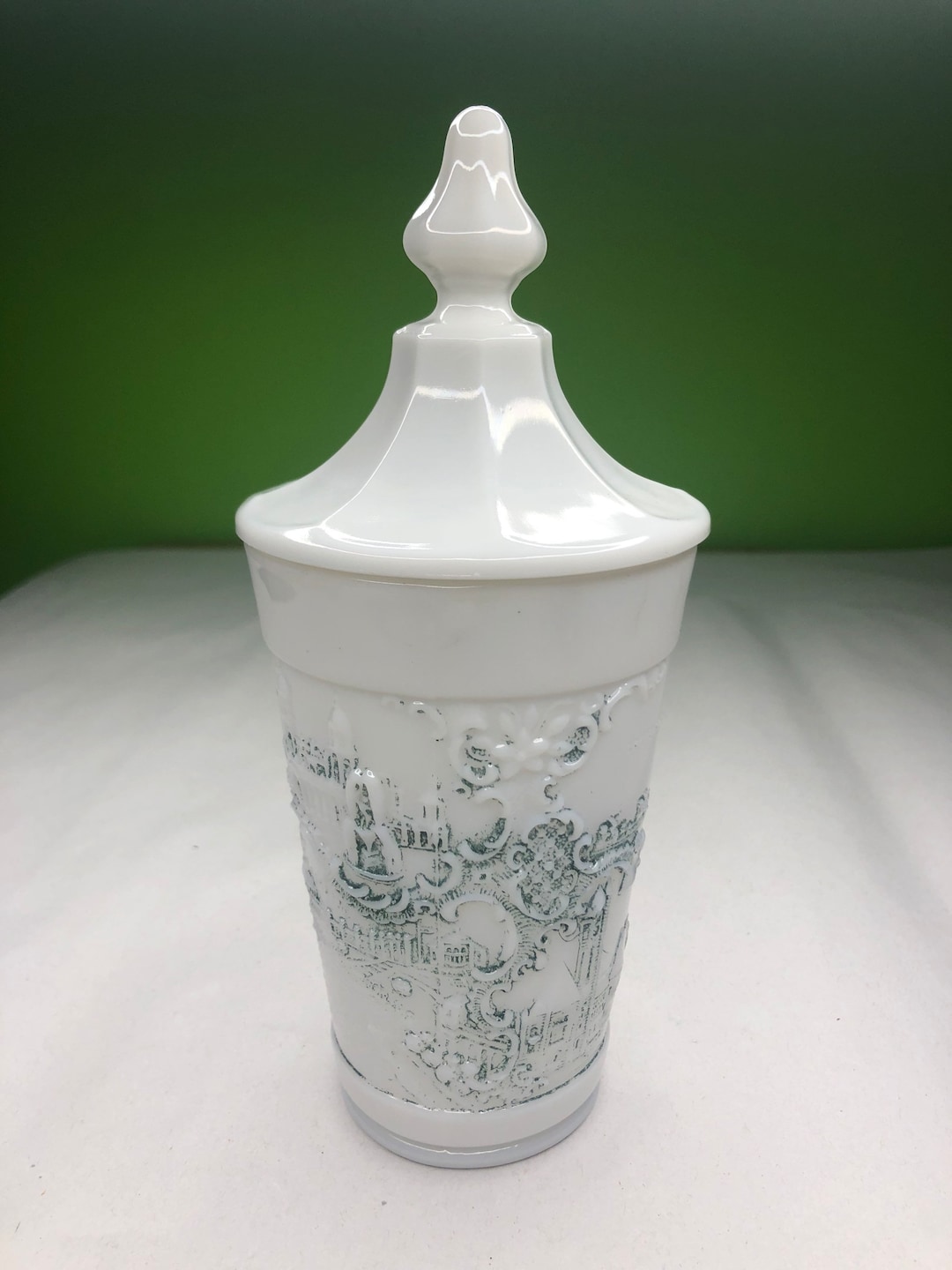Vintage Milk Glass Apothecary Jar With Lid and Beautifully Embossed ...