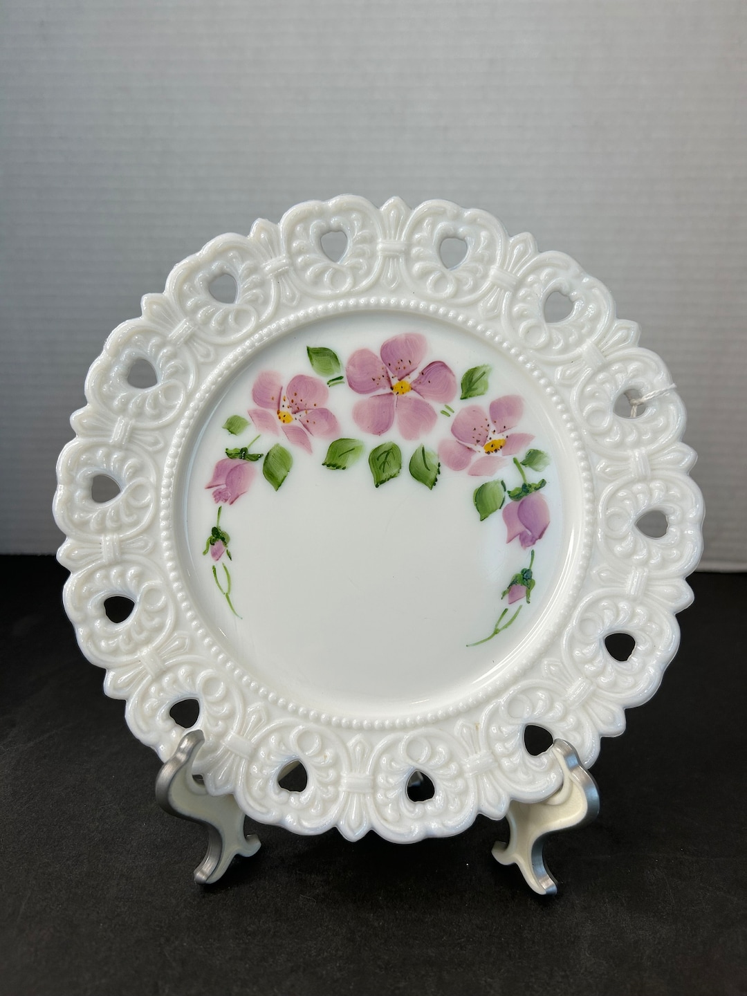 Vintage Lornita Handpainted Milk Glass Purple Floral and Heart Edge ...