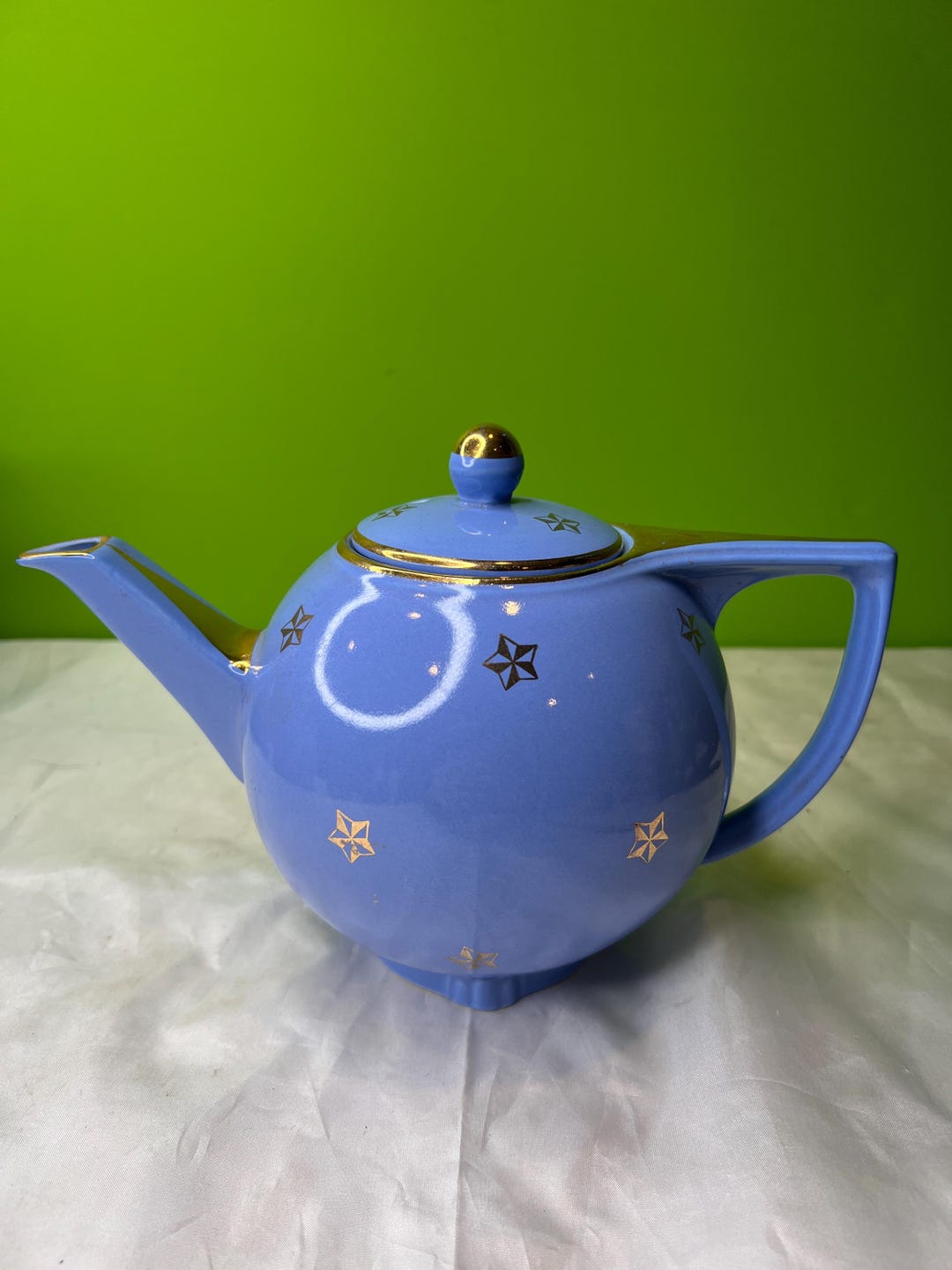 Vintage Hall China 6 Cup Teapot "star" Light Blue and Gold 0729 ~ Right ...